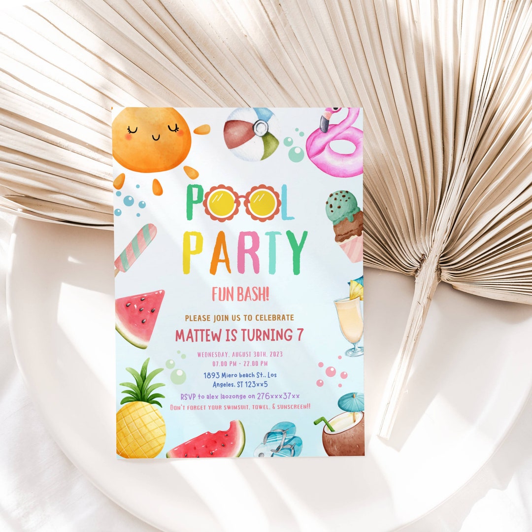 EDITABLE Pool Party Invitation Tropical Splish Splash Girly Pool Party ...