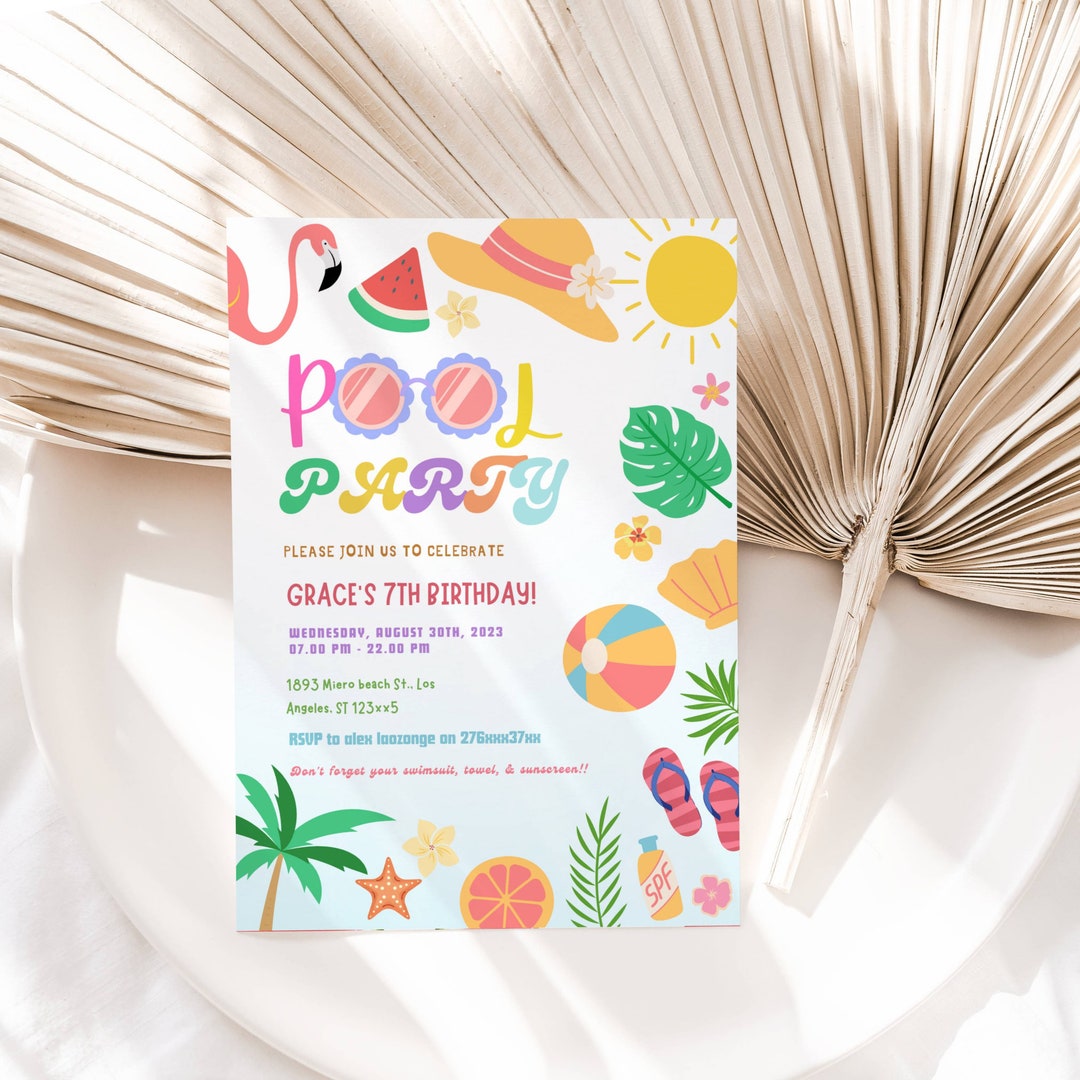 EDITABLE Pool Party Invitation Tropical Splish Splash Girly Pool Party ...
