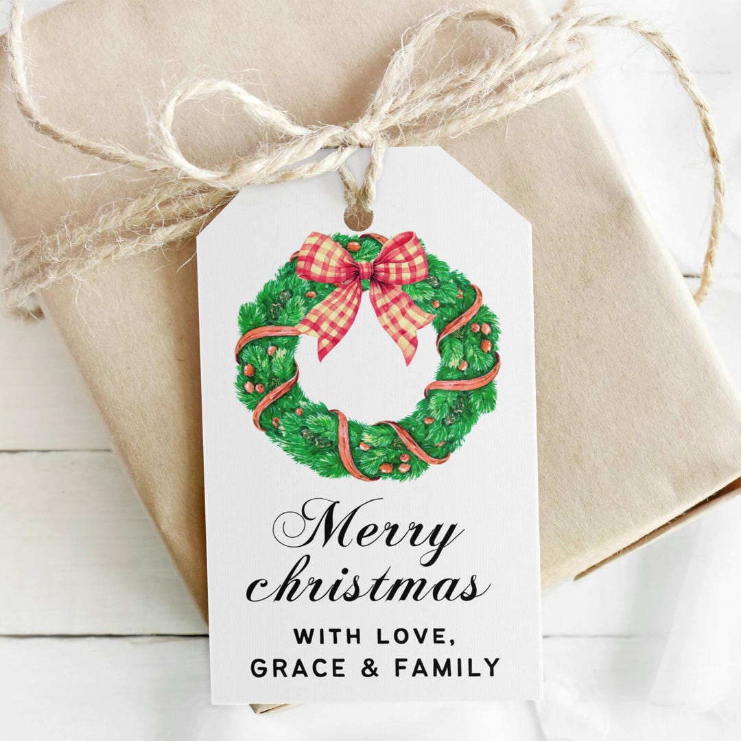 EDITABLE Christmas Gift Tags, Red Stripe Boxwood Bow Corporate Gift ...