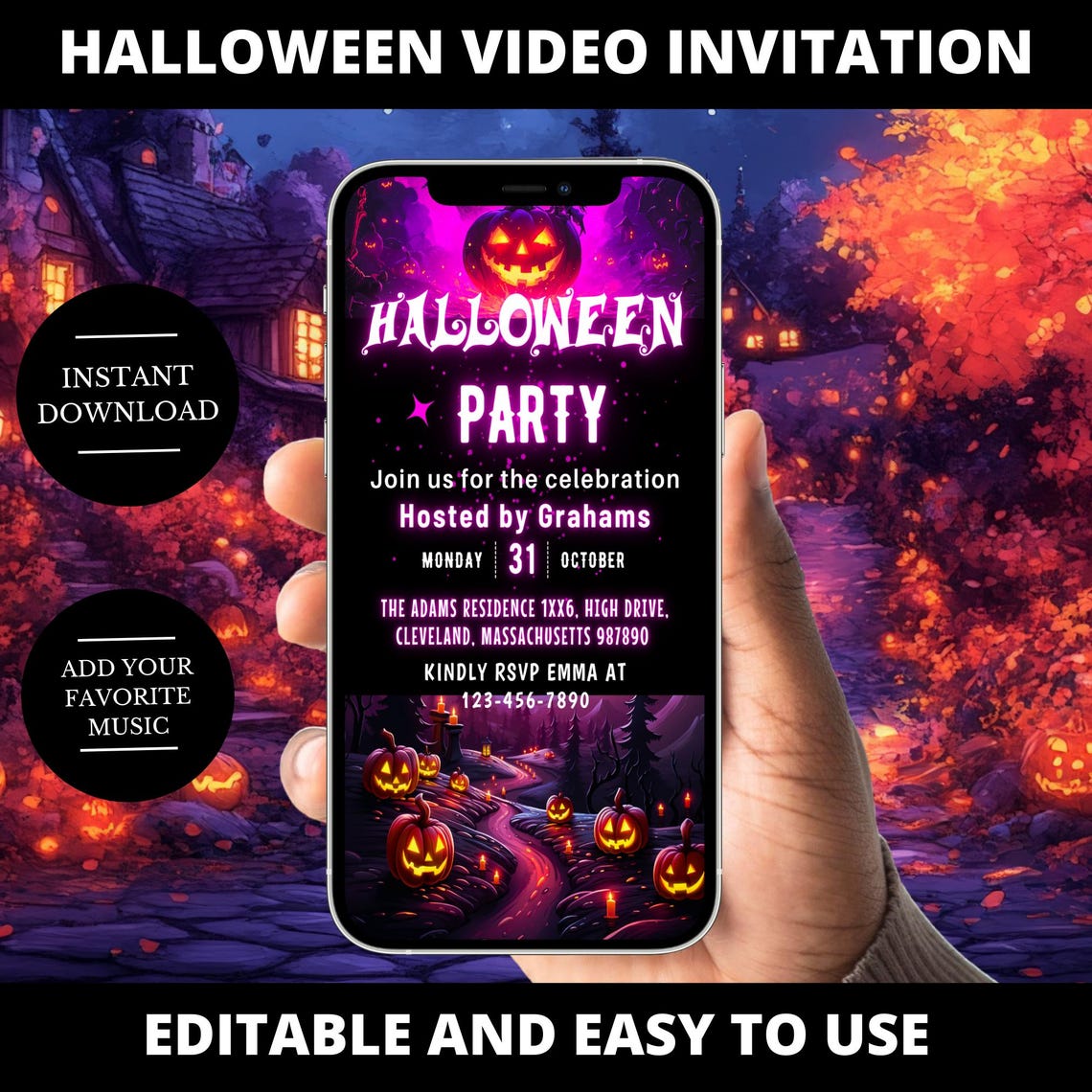 EDITABLE Digital Halloween Party Invitation, Animated Skull Pumpkin ...