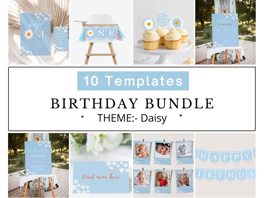 EDITABLE Daisy First Birthday Invitation Bundle, Daisy Birthday Party ...
