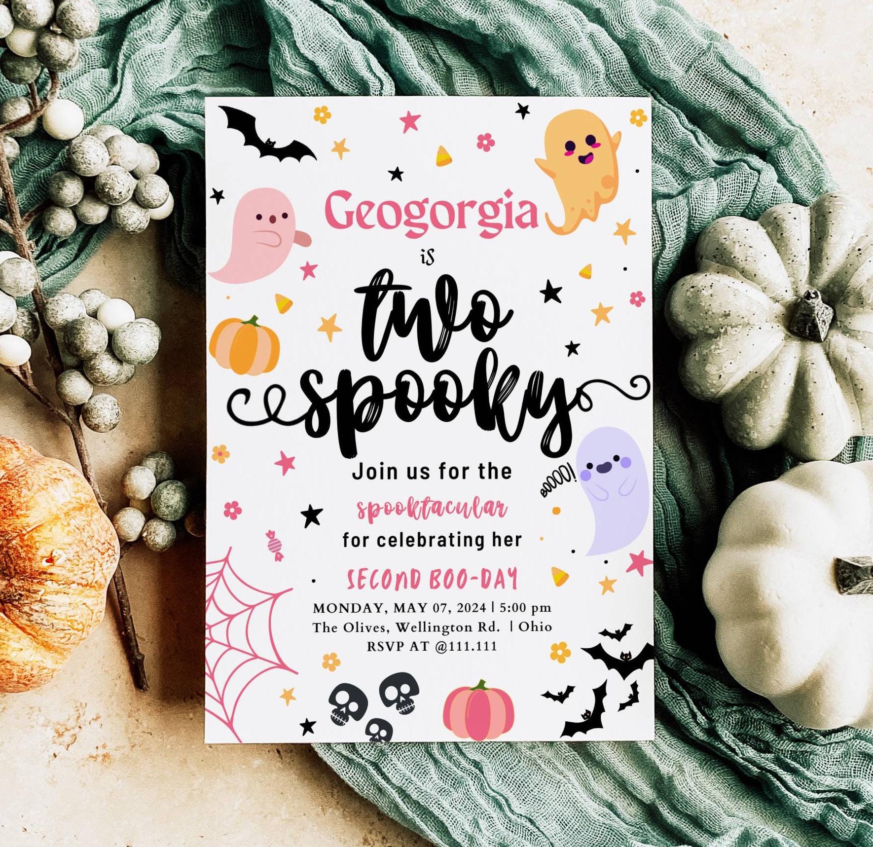 EDITABLE Two Spooky Halloween Ghost 2nd Birthday Party Invitation Cute ...