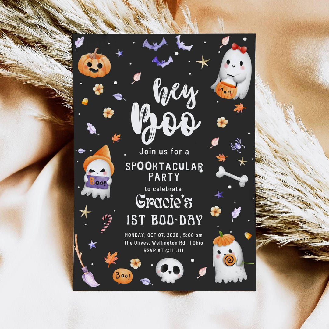 EDITABLE Halloween Ghost Birthday Invitation Hey Boo Girly Cute Ghost ...