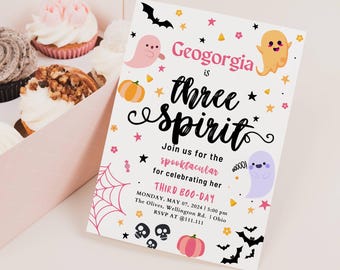 Editable Three Spirit Halloween Ghost 3rd Birthday Party Invitation ...