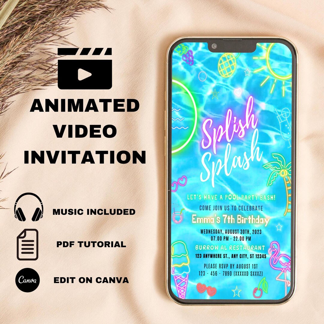 EDITABLE Splish Splash Pool Party Birthday Invitation Video, Neon Beach ...