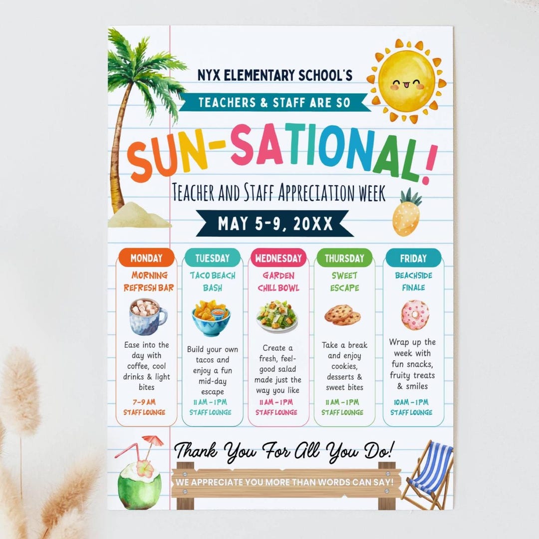 Editable Beach Theme Teacher & Staff Appreciation Sunsational Itinerary ...
