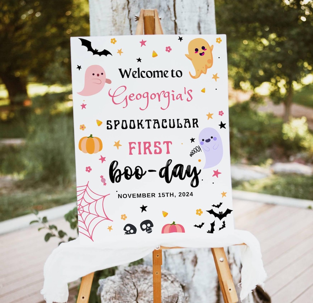 EDITABLE Pink Halloween Ghost Welcome Sign First Birthday Spooky Party ...