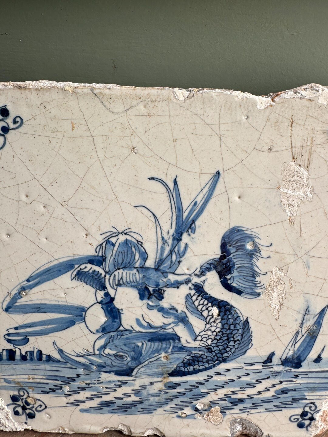 Antique Delft Blue Tile Sea Creature, Cupid on Top of Dolphin C. 1660 ...