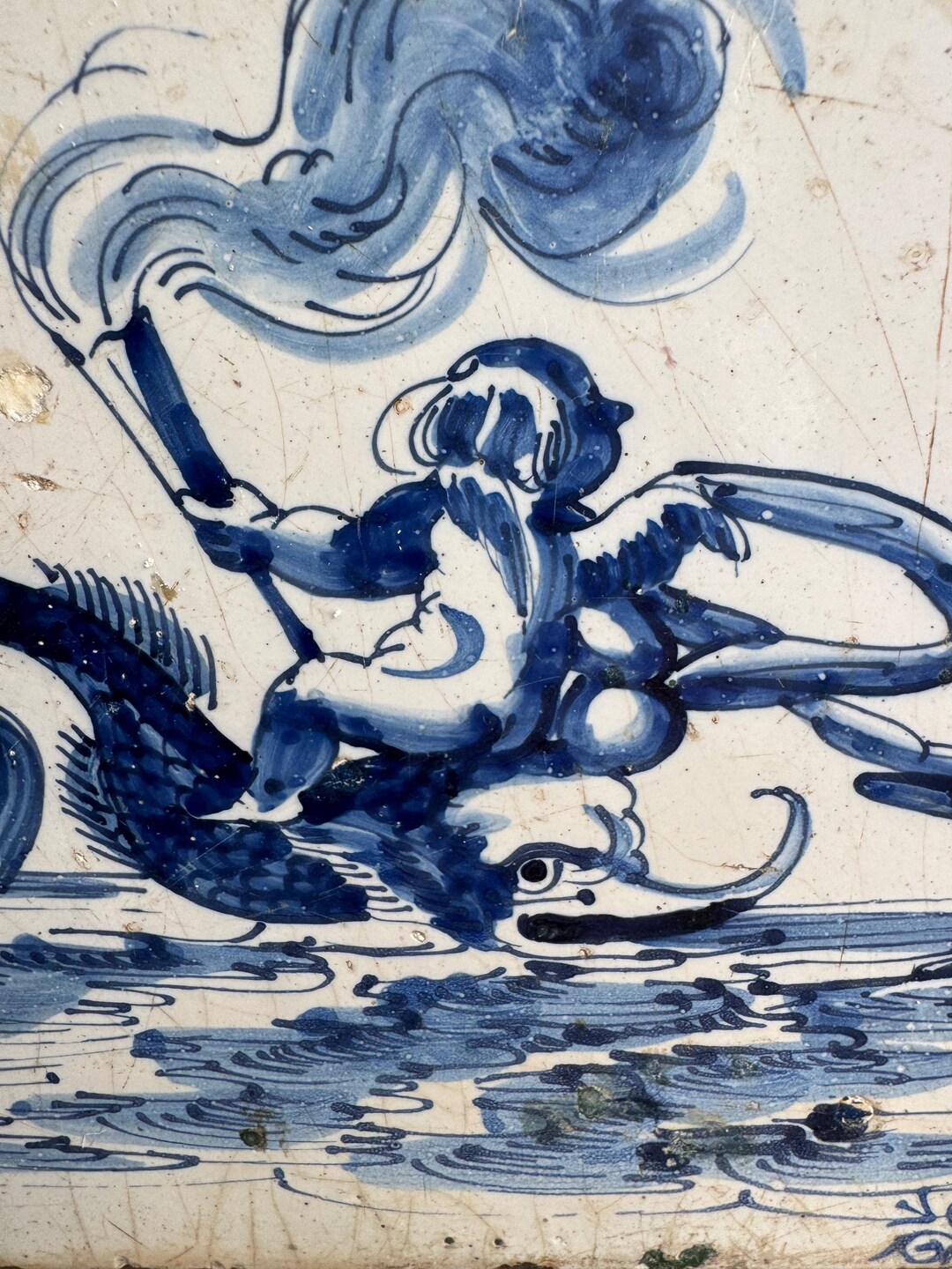 Antique Circa 1660 Delft Blue Tile Sea Creatures Cupid on Top of ...