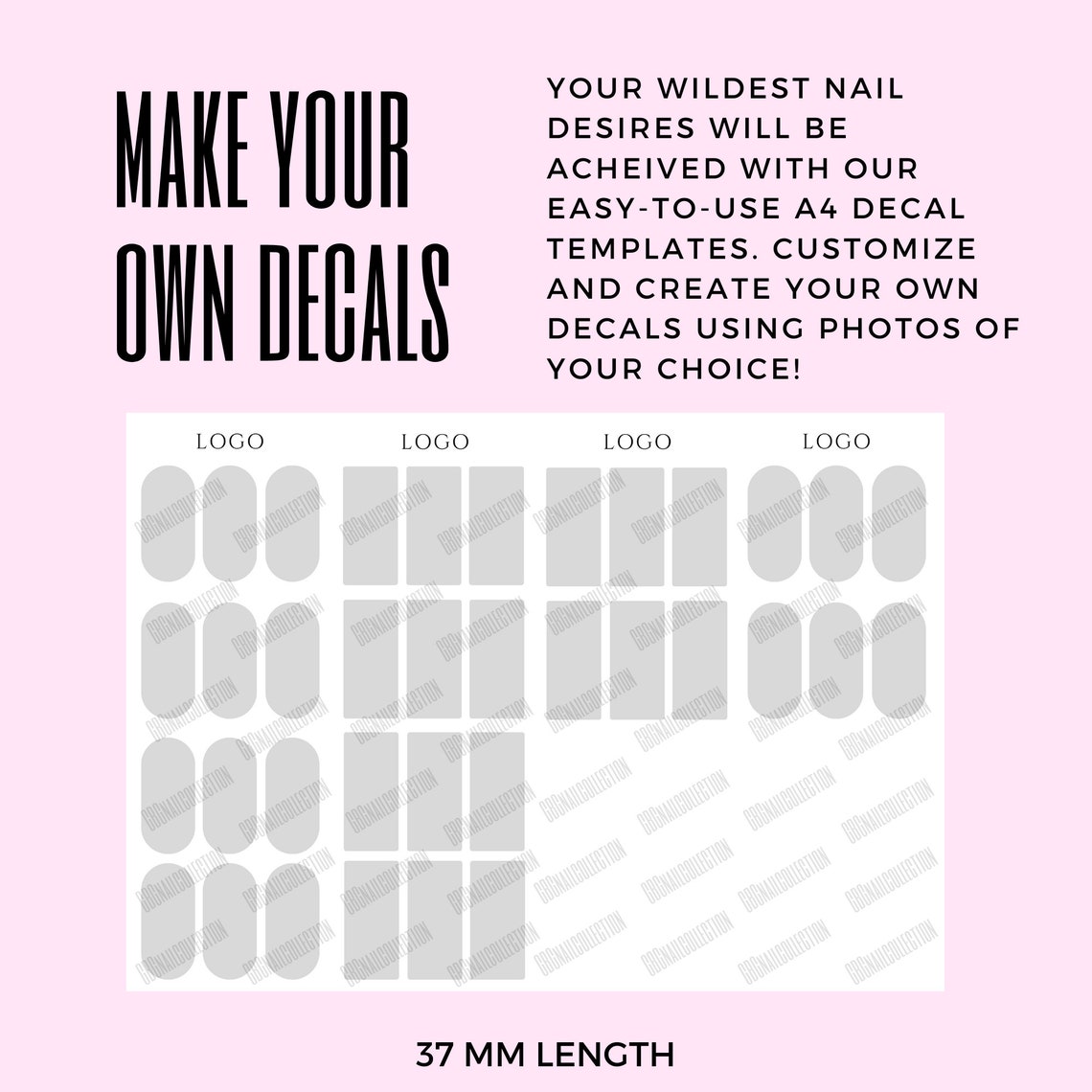 Nail Decal Template Digital A4 Size Instant Download 4 Customizable ...
