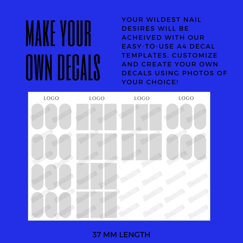 Nail Decal Template Digital A4 Size | Instant Download | 5 Customizable ...