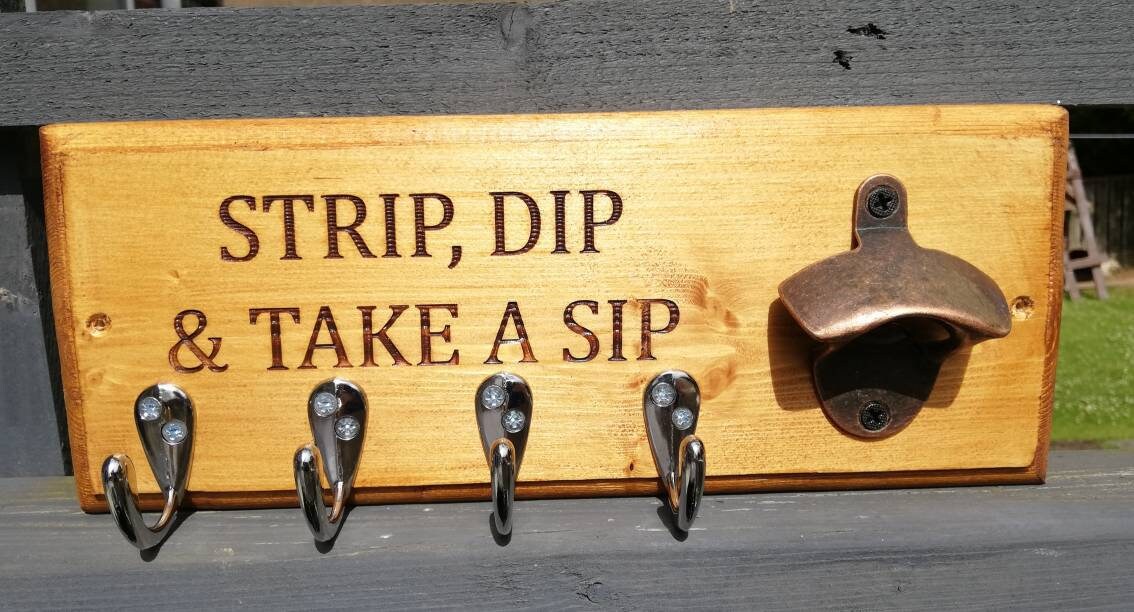 Strip Dip and Take a Sip Hot Tub Sign Towel Holder & Bottle - Etsy UK