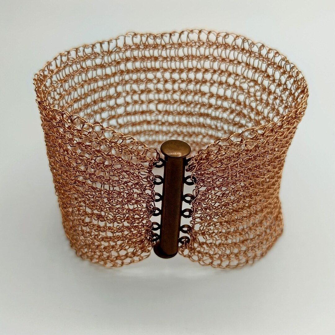 Handwoven Copper Wire Cuff Bracelet – Wide Mesh Knit Bangle – Statement ...
