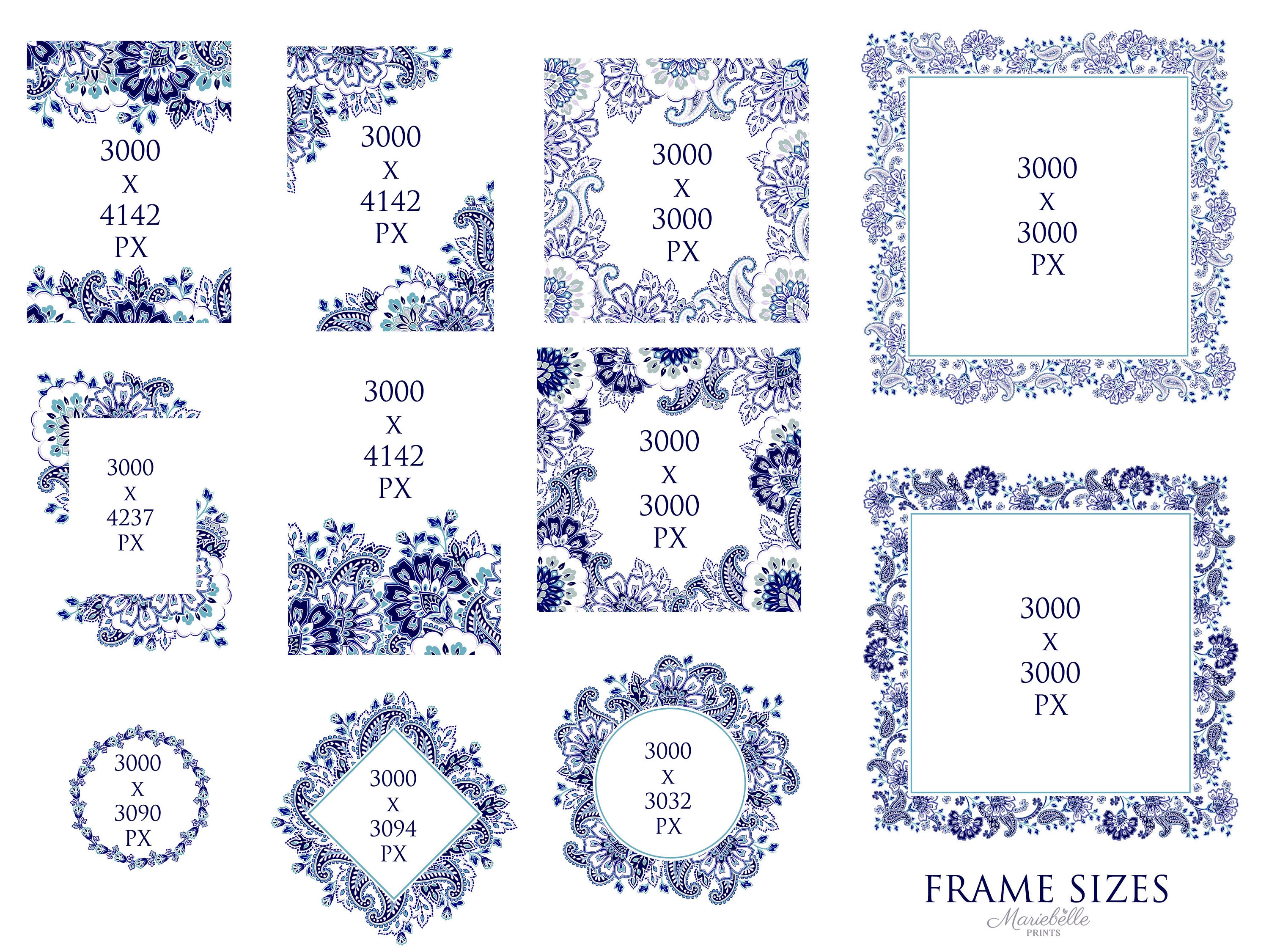 Blue Paisley Digital Frames, Printable Borders and Wreaths - Etsy