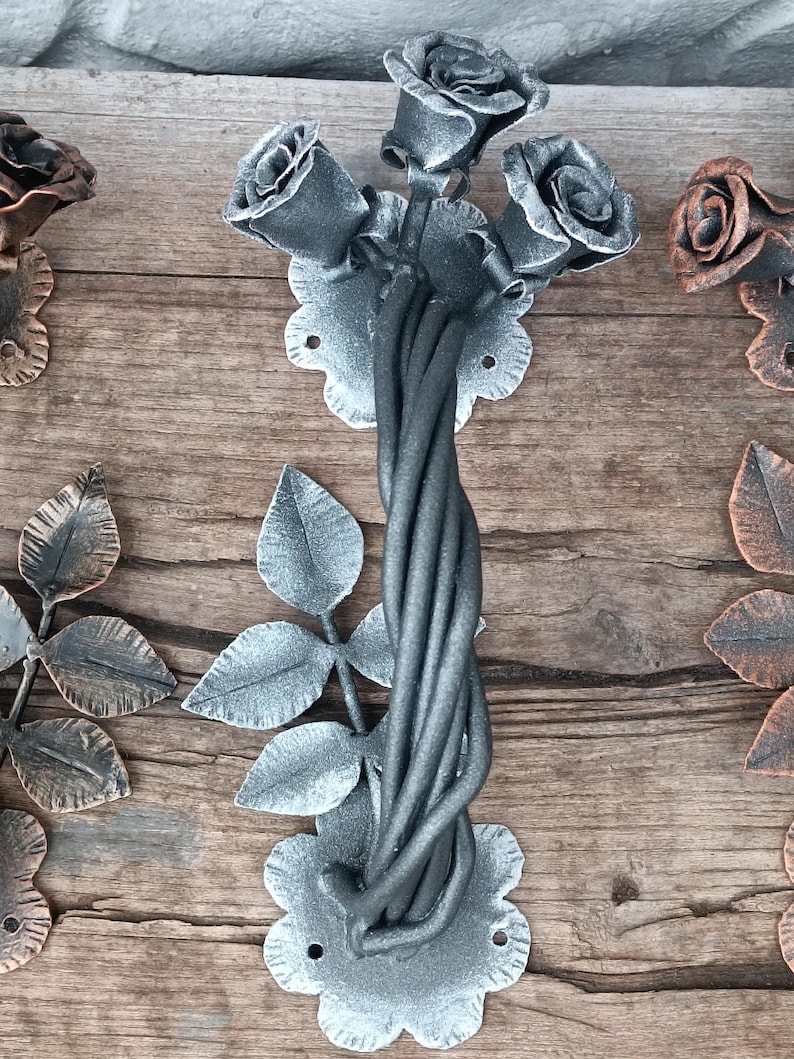Wrought Iron Door Handle With Roses – Hand Forged Floral Pull Handle ...