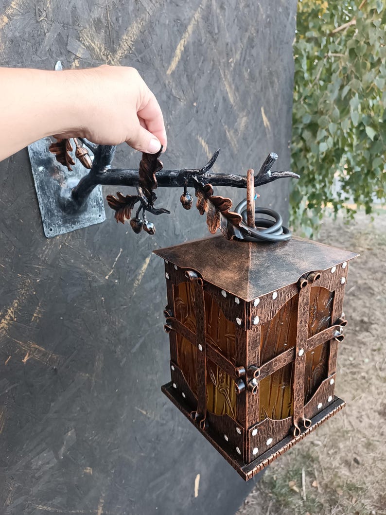 Hand-forged Rustic Lantern With Oak Leaf Decor, Medieval Style Wrought ...