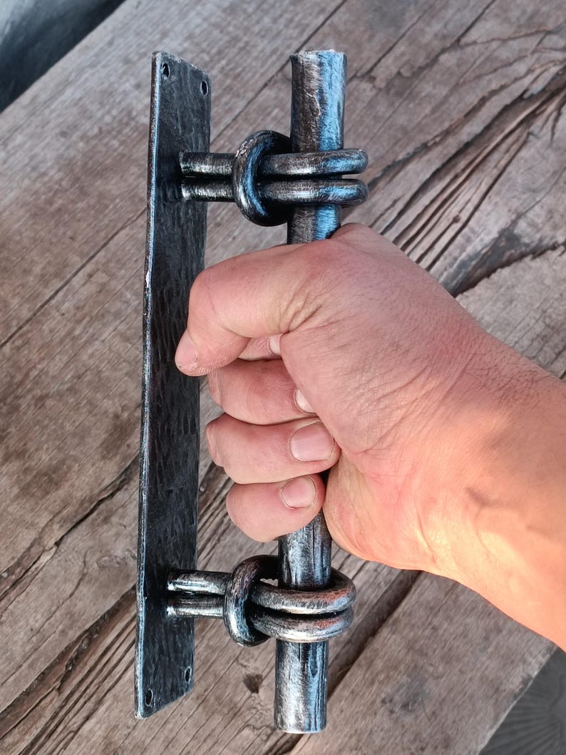 Hand Forged Iron Door Pull Handle: Rustic Knot Design, Blackened Finish ...