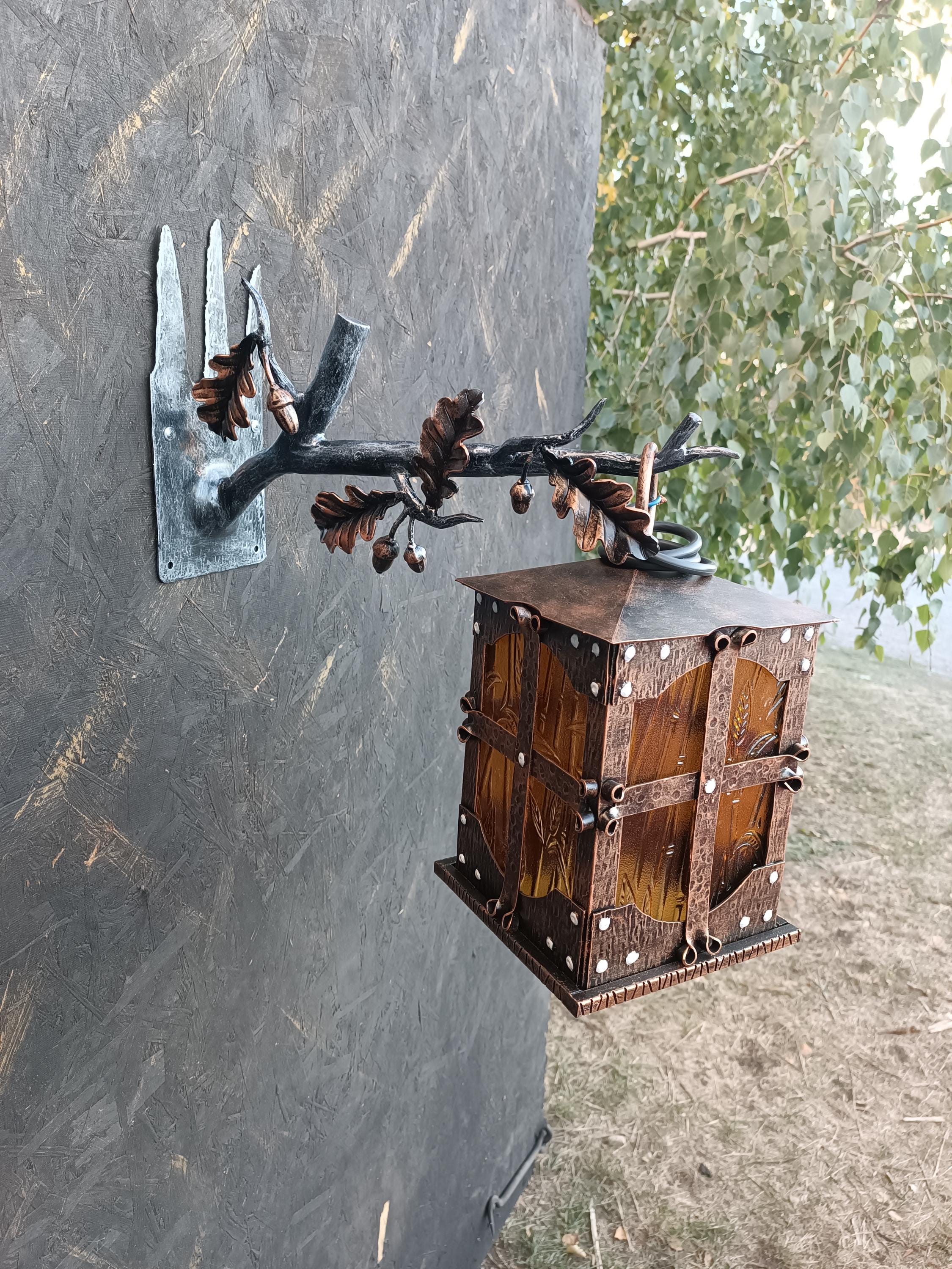 Hand-forged Rustic Lantern With Oak Leaf Decor, Medieval Style Wrought ...