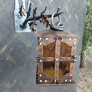 Hand-forged Rustic Lantern With Oak Leaf Decor, Medieval Style Wrought ...