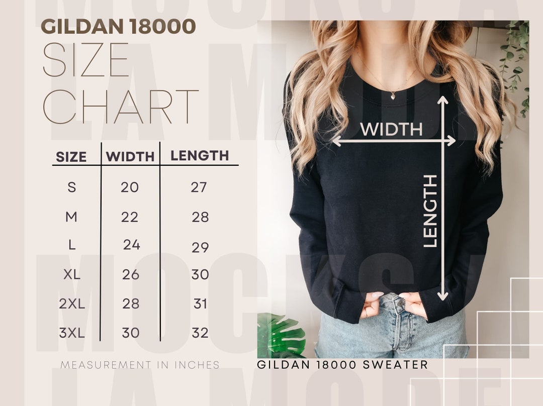 Gildan 18000 Black Sweater Size Chart | Unisex Black Size Chart | Model ...