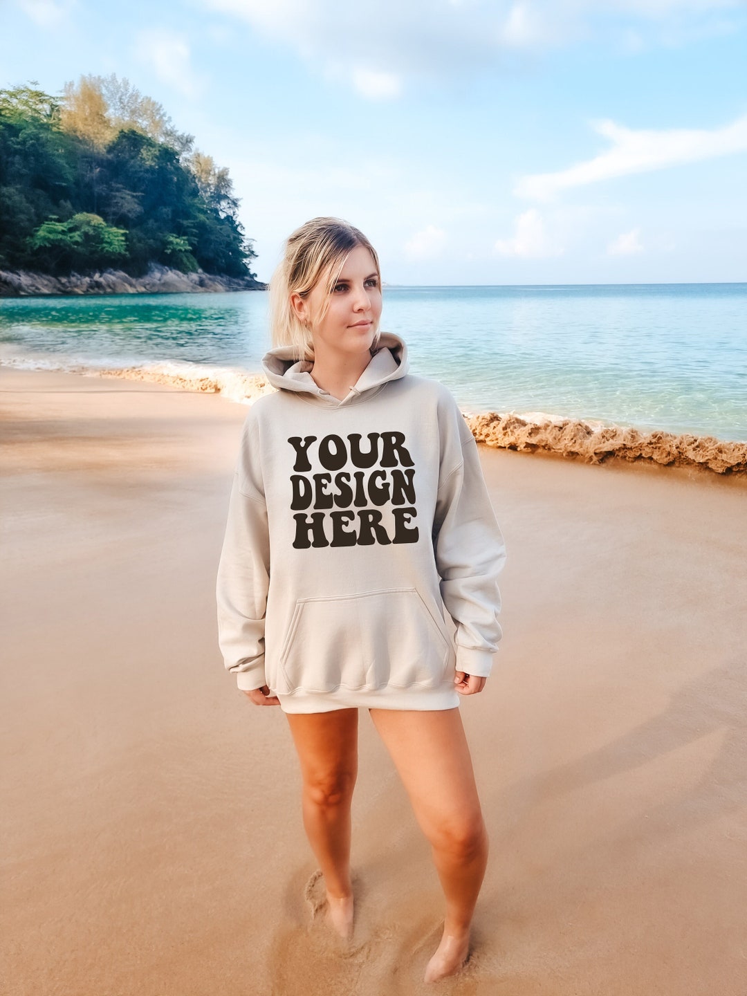 Gildan Sand 18500 Front Mockup | Oversized Gildan Hoodie Beach Mock up ...