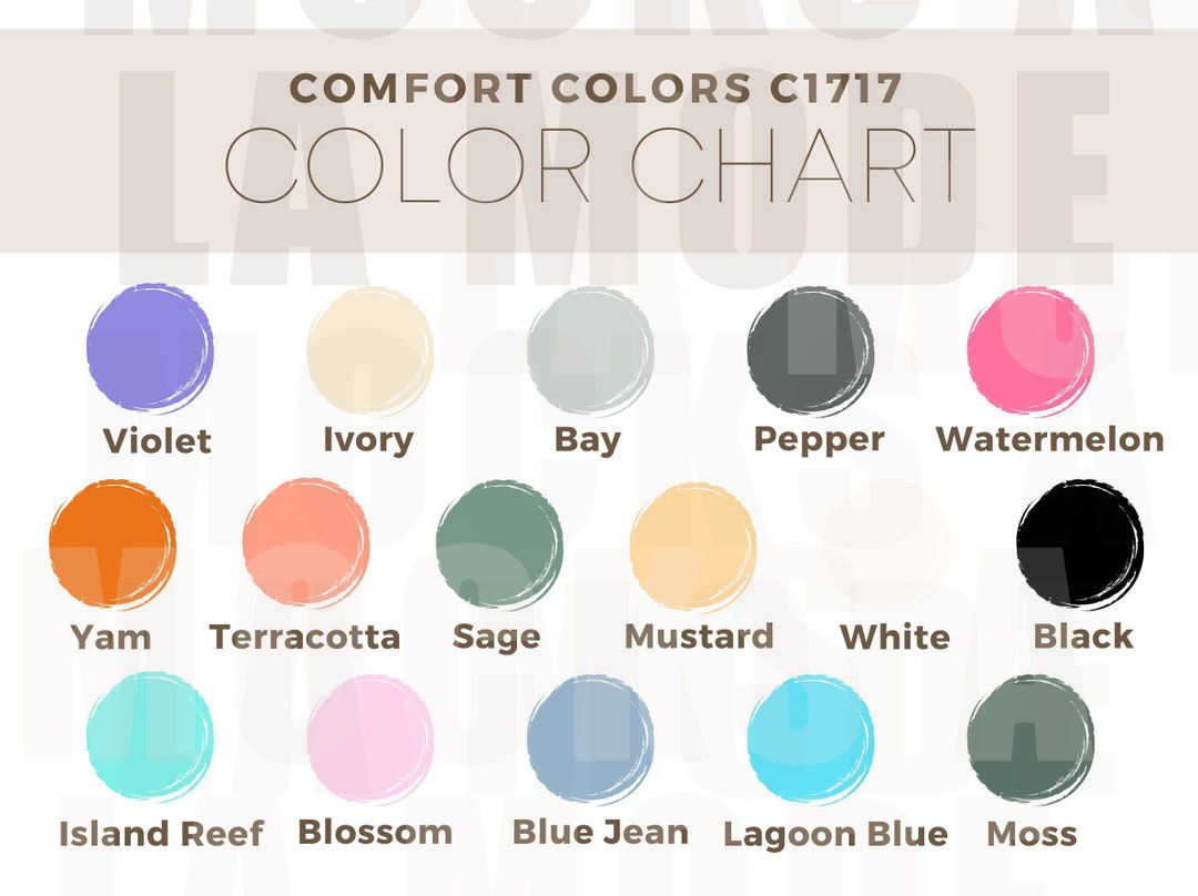 Comfort Colors C1717 Shirt Color Chart CC Unisex Tshirt Colour Chart ...