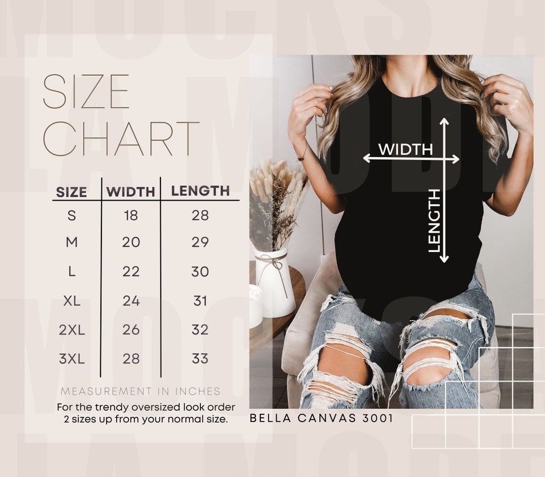 Bella Canvas Shirt Size Chart | Unisex Tshirt Size Chart | Model Mockup ...