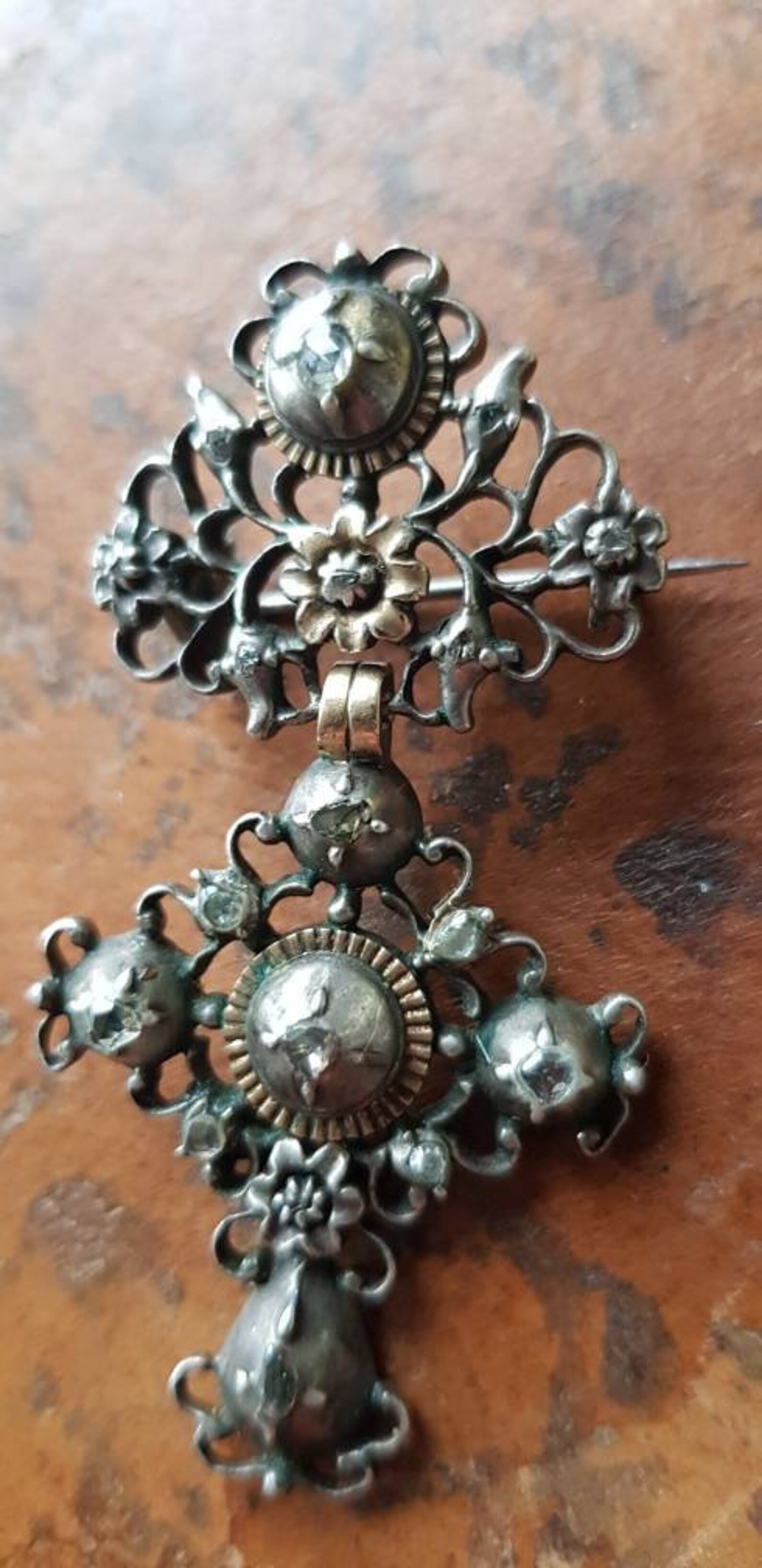 Antique Provencal Silver Gold Diamonds Cross Butterfly Pin Brooch Late ...
