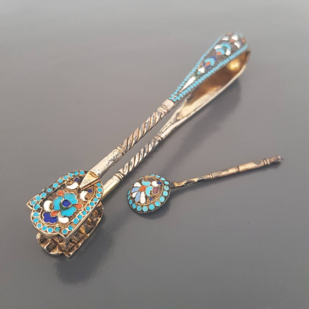 Antique Russian Cloisonne Enamel Silver Gilt Sugar Tongs Salt Spoon ...