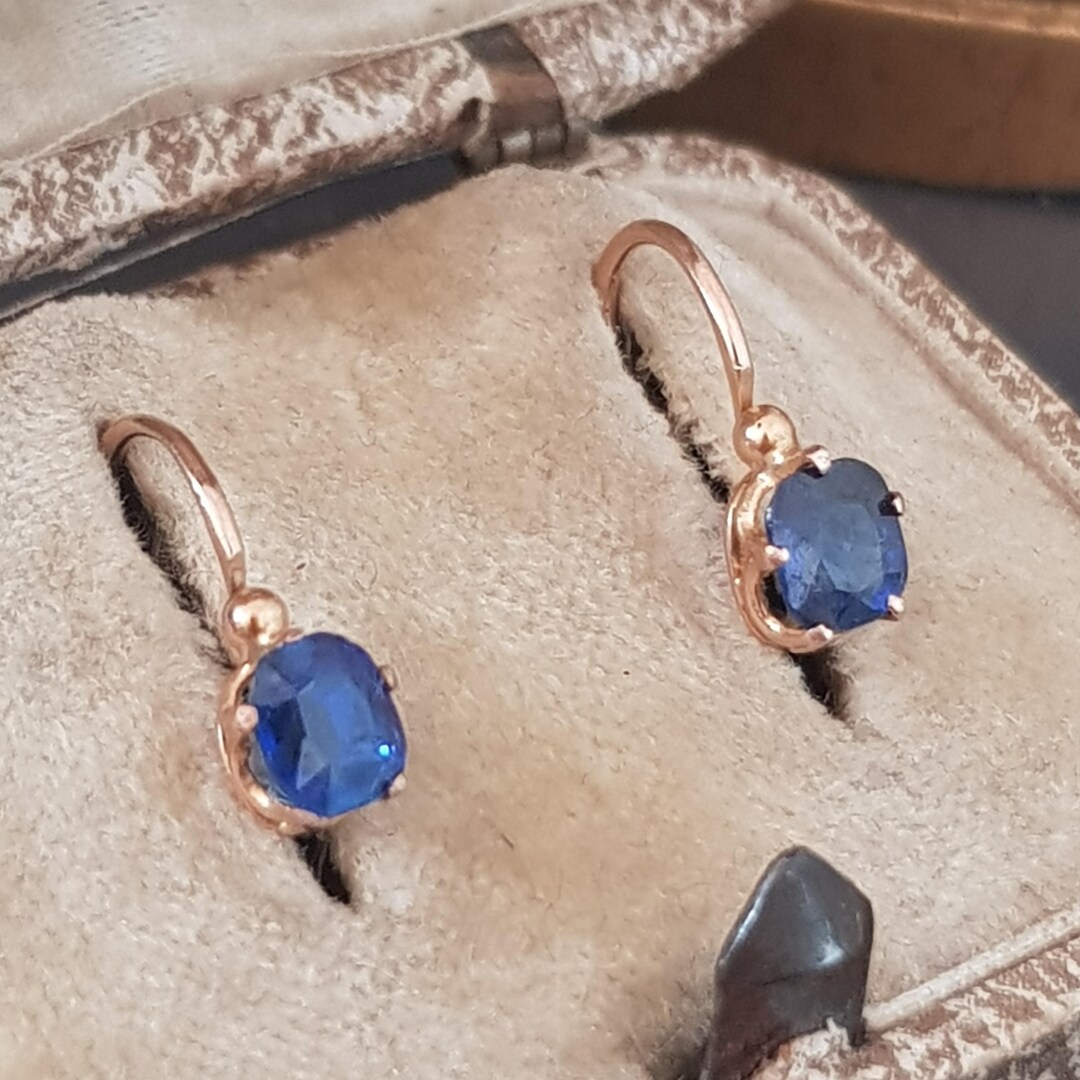 Pair of Fench Antique Small 18 K Rose Gold Sapphire Earrings Early Xxth ...
