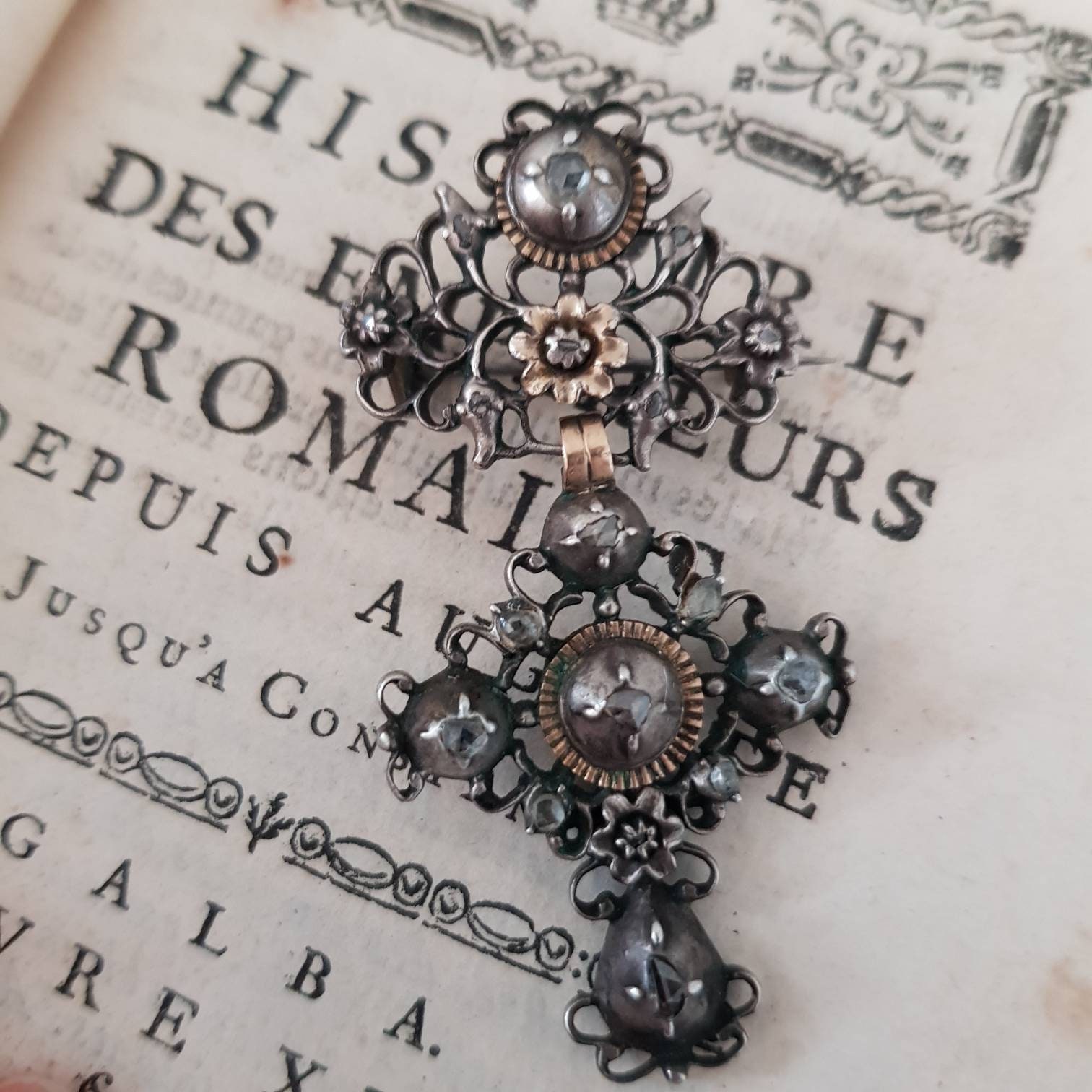 Antique Provencal Silver Gold Diamonds Cross Butterfly Pin Brooch Late ...
