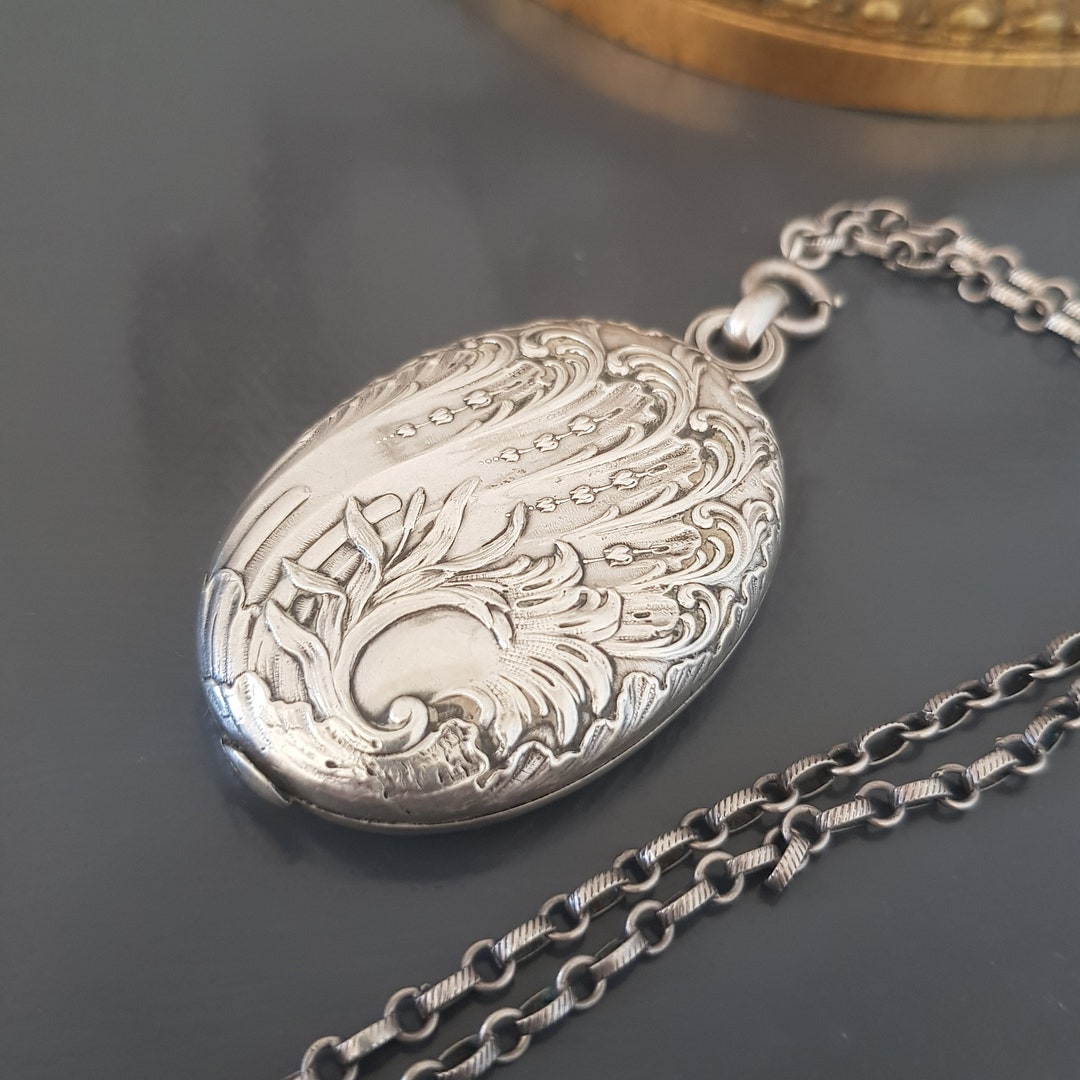 Large Antique Art Nouveau Mirror Locket Pendant Sterling Silver Swan ...