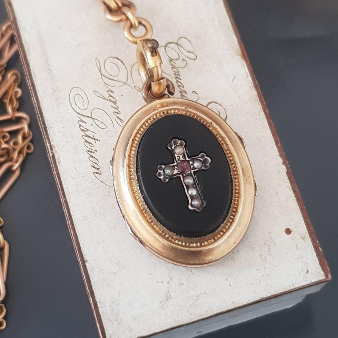 Antique Mourning Charm Locket Pendant Onyx Seed Pearls Reliquary Xixth ...
