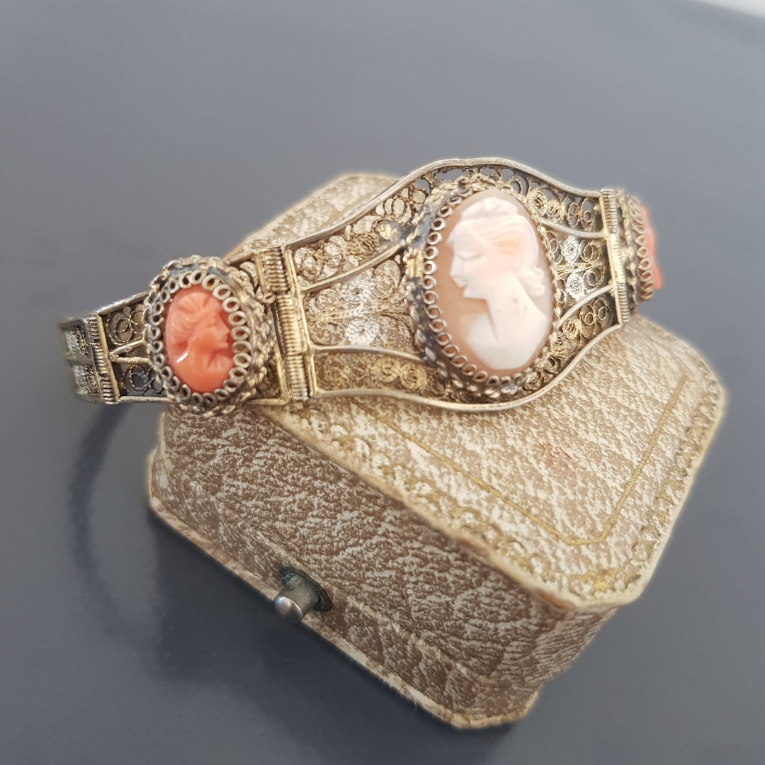 Art Deco Silver Vermeil Filigree Shell Coral Cameo Bracelet C 1930 - Etsy