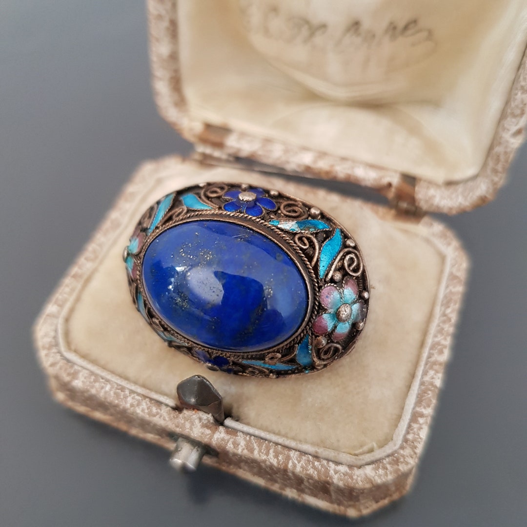 Vintage Chinese Brooch Pin Silver Enamel Lapis Lazuli - Etsy