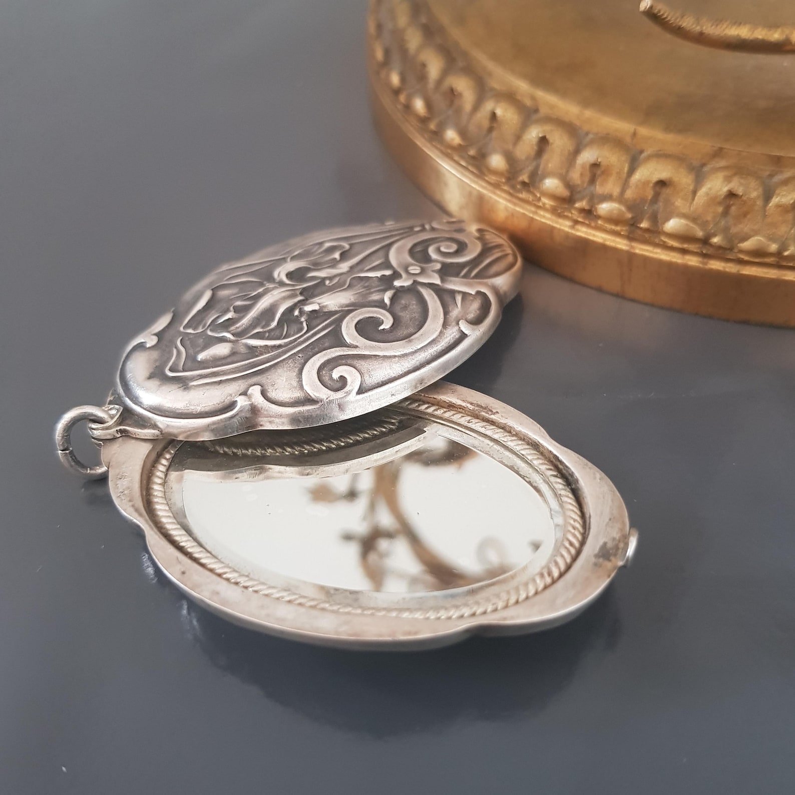 Antique Art Nouveau Sterling Silver Iris Flower Slide Mirror Locket ...
