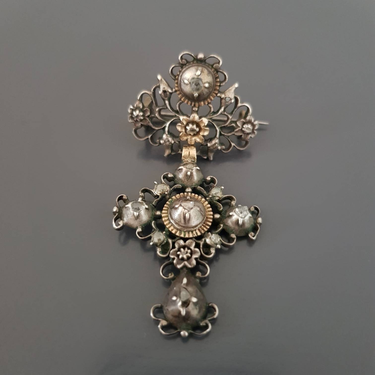 Antique Provencal Silver Gold Diamonds Cross Butterfly Pin Brooch Late ...