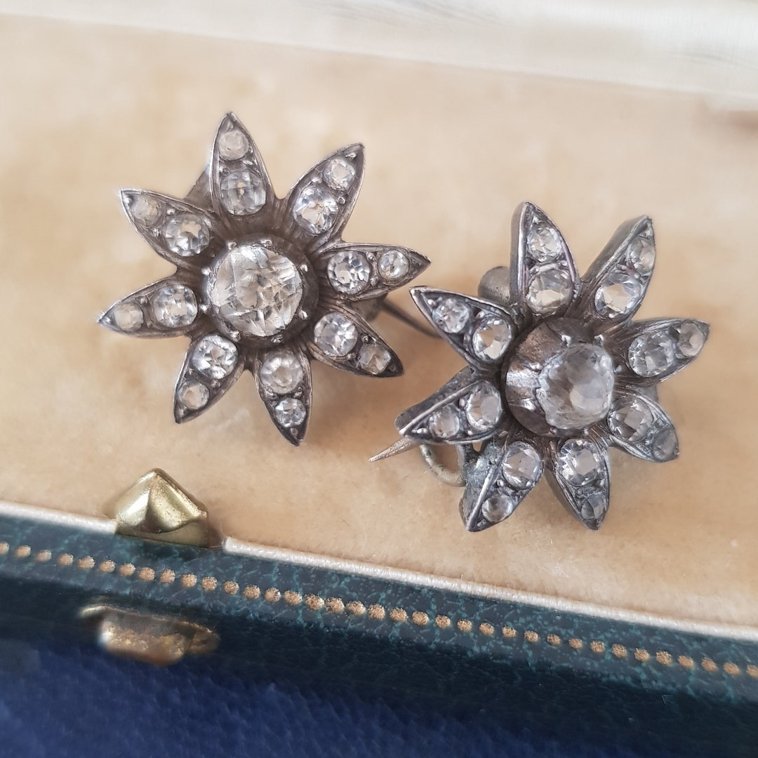 Pair of Antique Sterling Silver Glass Paste Star Brooches 19th Century ...