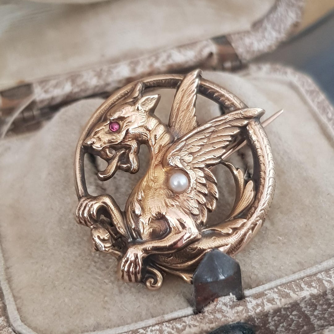 Antique Art Nouveau Gold Filled Chimera Brooch Pin French Jewel 19th ...