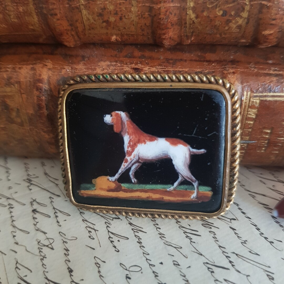 Antique Hand Painted Hunting Dog Miniature Brooch Pin Victorian Jewelry ...