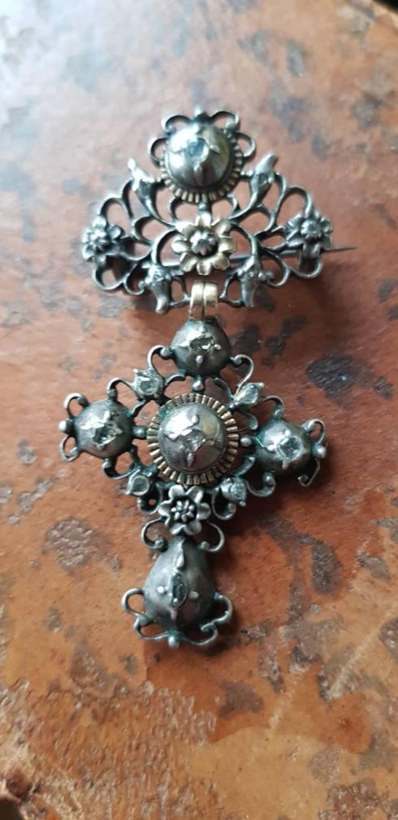 Antique Provencal Silver Gold Diamonds Cross Butterfly Pin Brooch Late ...