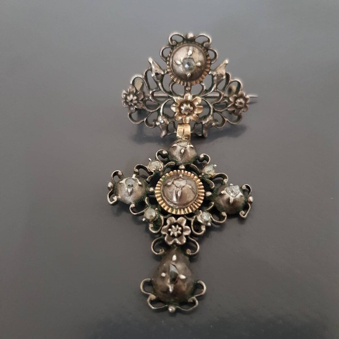 Antique Provencal Silver Gold Diamonds Cross Butterfly Pin Brooch Late ...