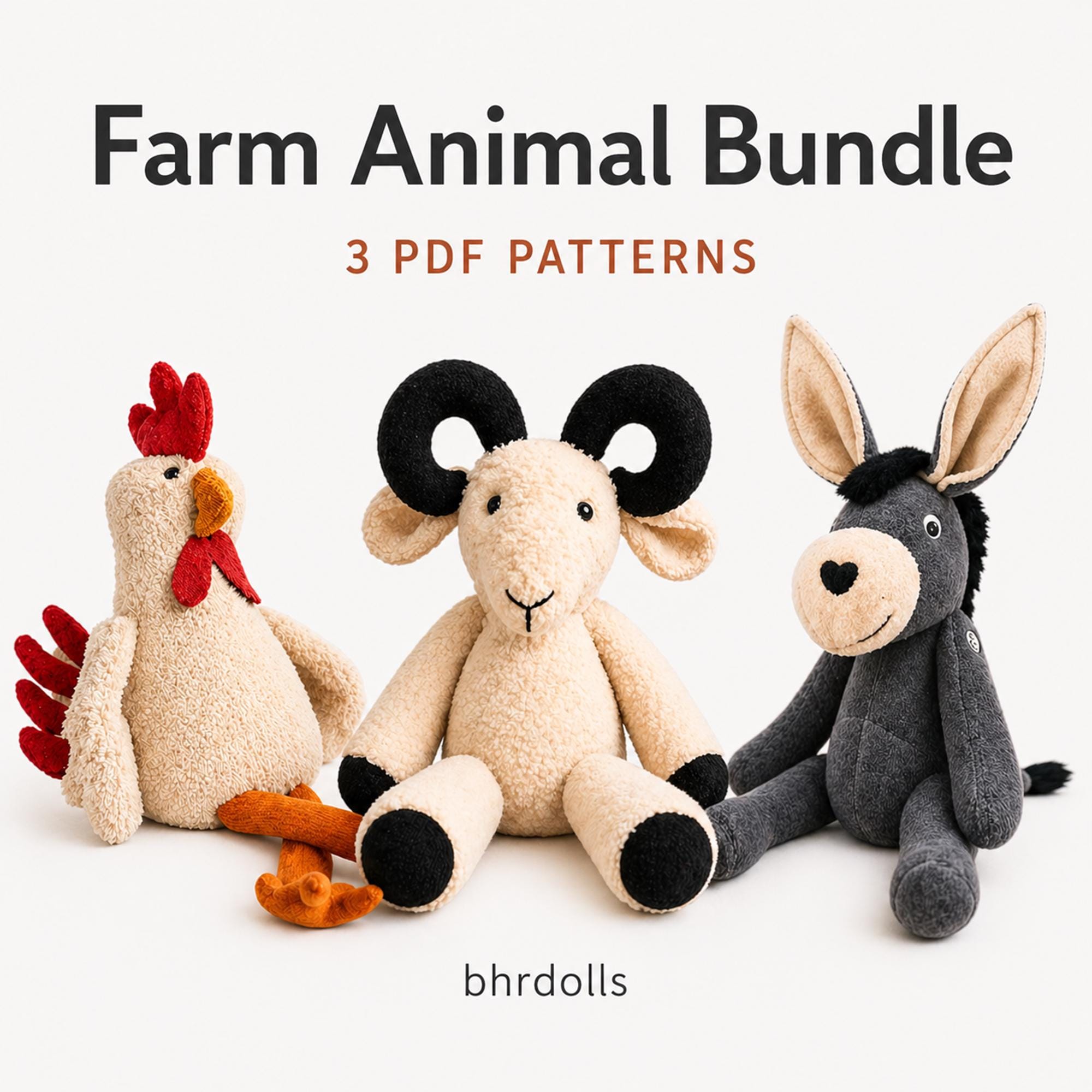 Farm Animal Plush Sewing Pattern Bundle PDF – Donkey, Ram, Rooster ...