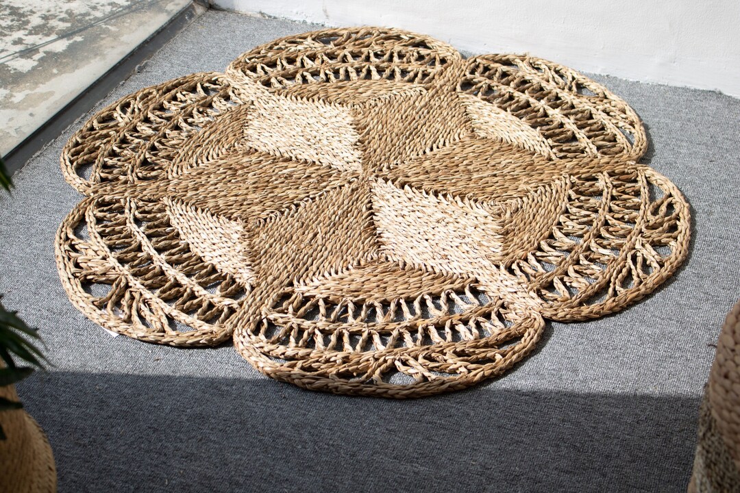 Flower Hand Woven Seagrass Area Rug Round Wicker Foldable - Etsy