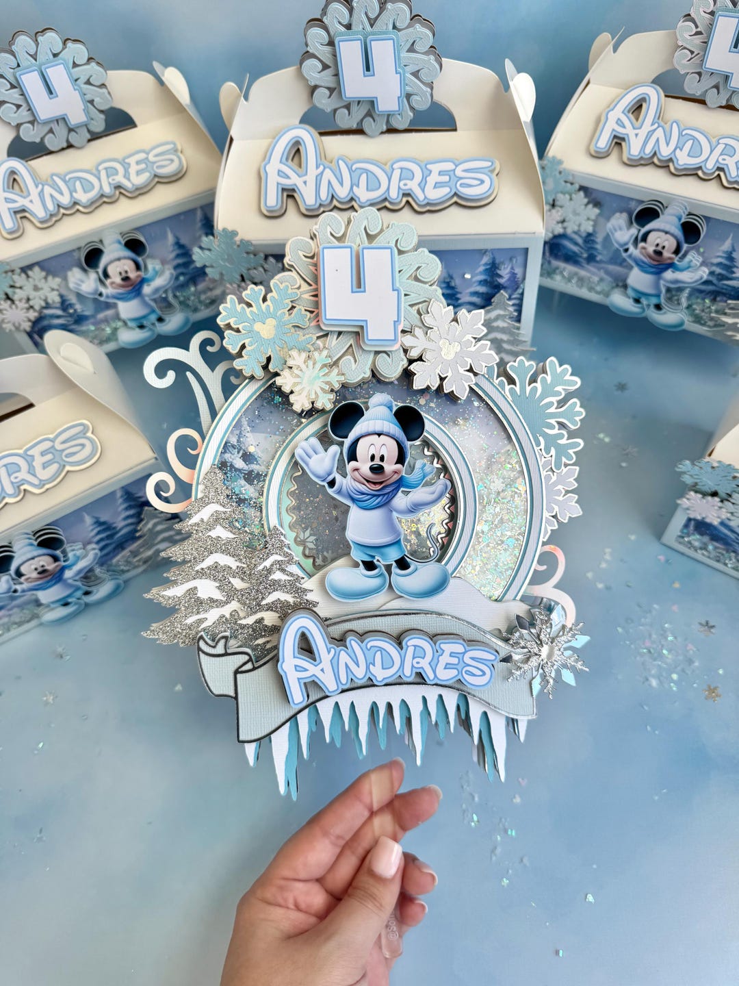 Mickey Mouse Winter Wonderland Cake Topper W/ Confetti & LED Lights ...