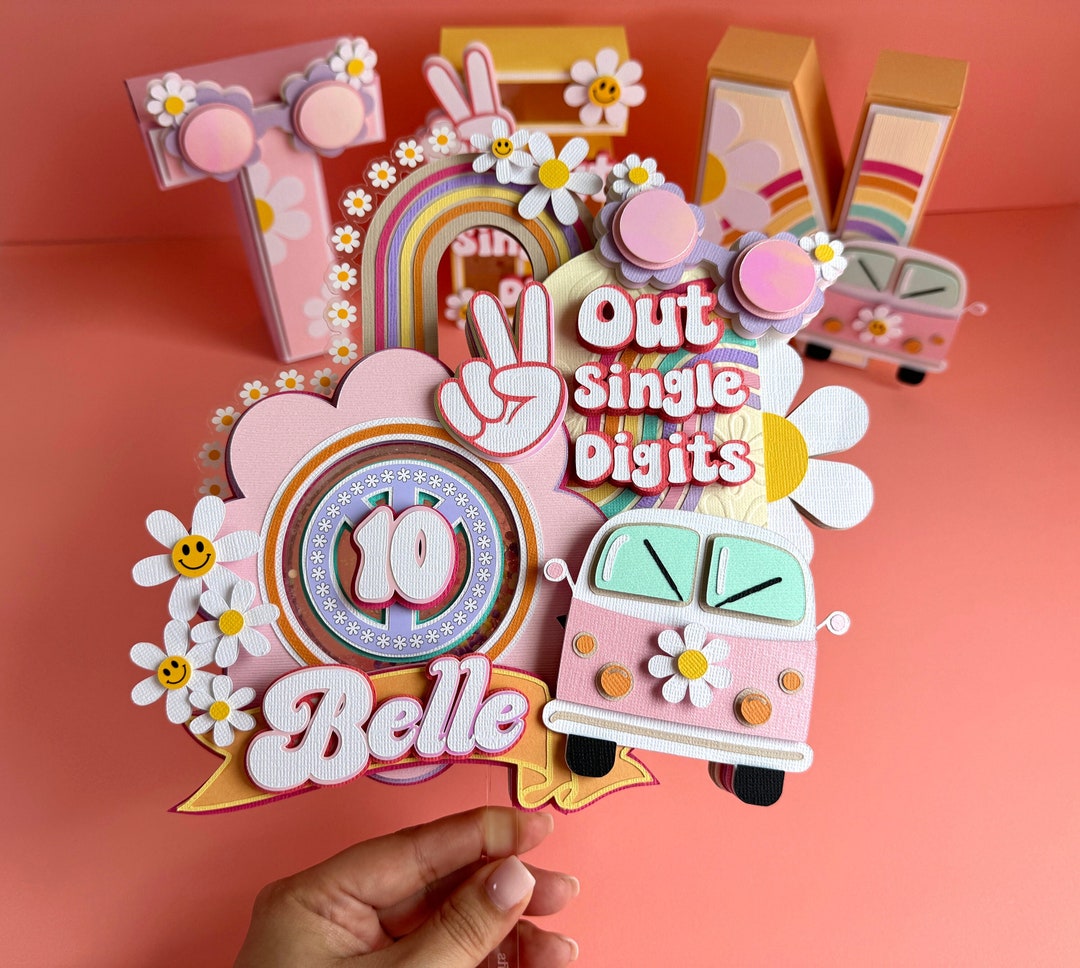 Peace Out Single Digits Cake Topper W/ Confetti & LED Lights Groovy ...