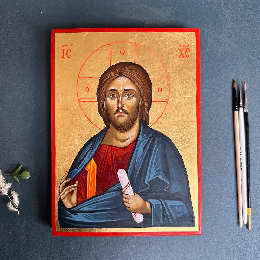 Jesus Christus Pantokrator, handgemalte byzantinische Ikone, Christus-Ikone, christliche ...