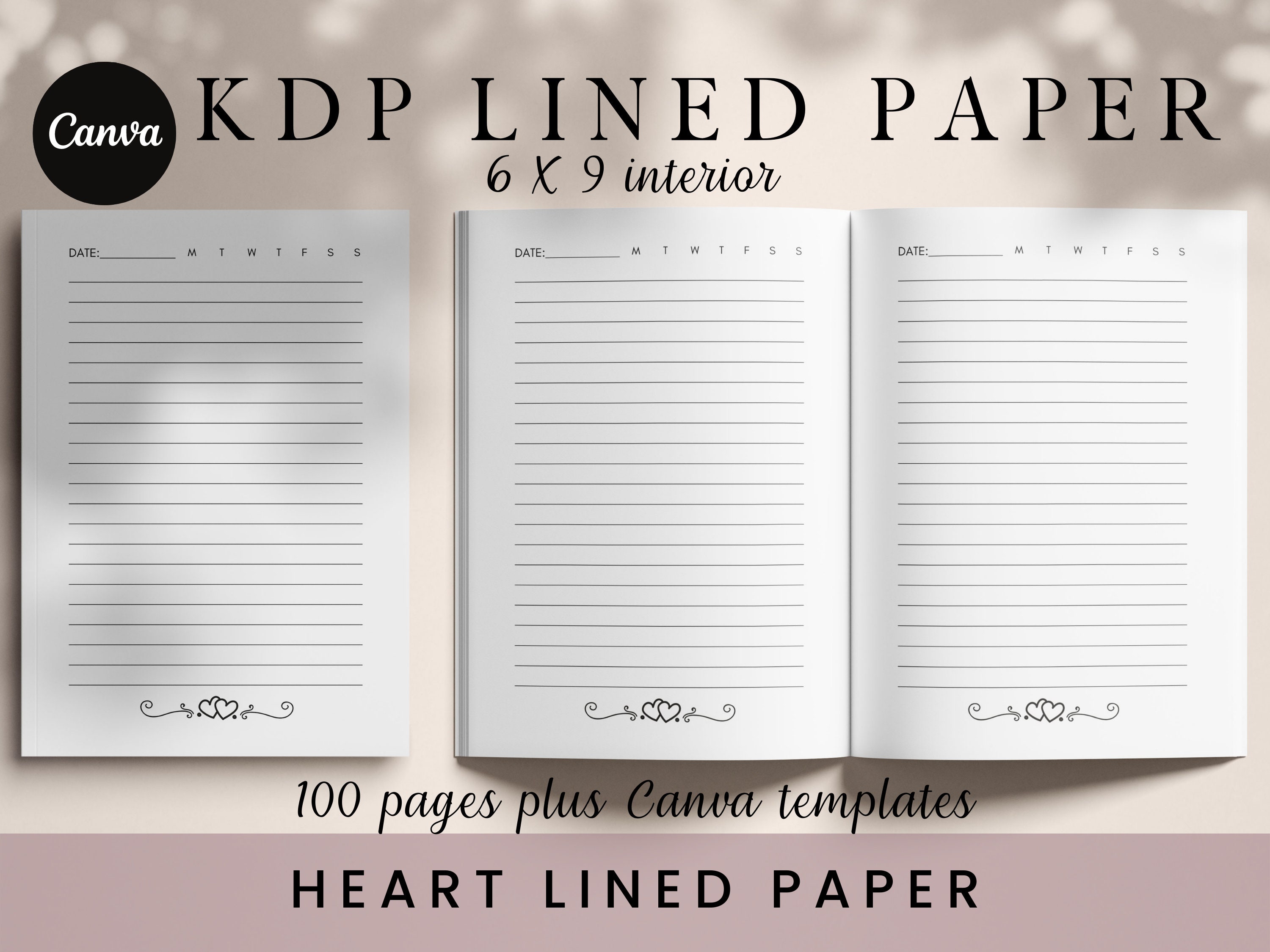 Heart Lined Paper, 6x9, KDP Lined Paper, Template, Canva Editable, Low ...
