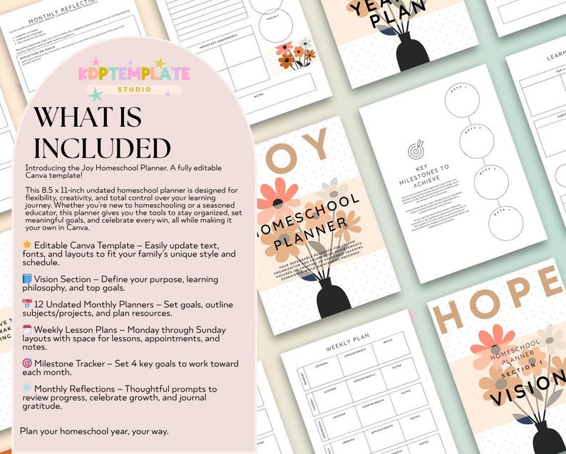 Editable Homeschool Planner Canva Template: Undated Monthly, Weekly (8 ...