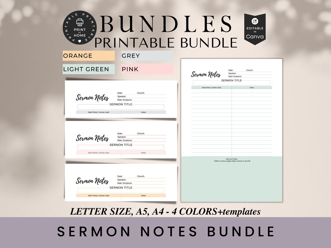 Printable Sermon Notes Bundle, A4, A5, Letter Size, Bible Study Notes ...